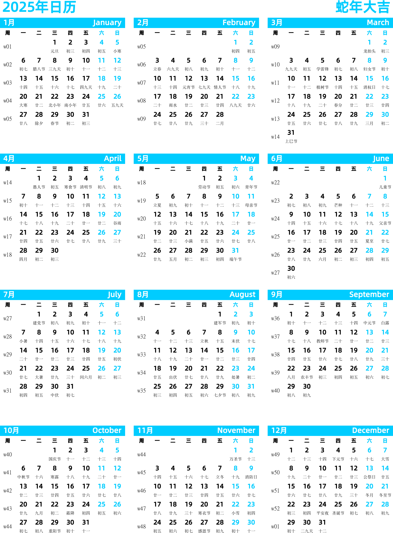 日历表2025年日历 中文版 纵向排版 周一开始 带周数 带农历 - 模板[DF011] - 日历精灵